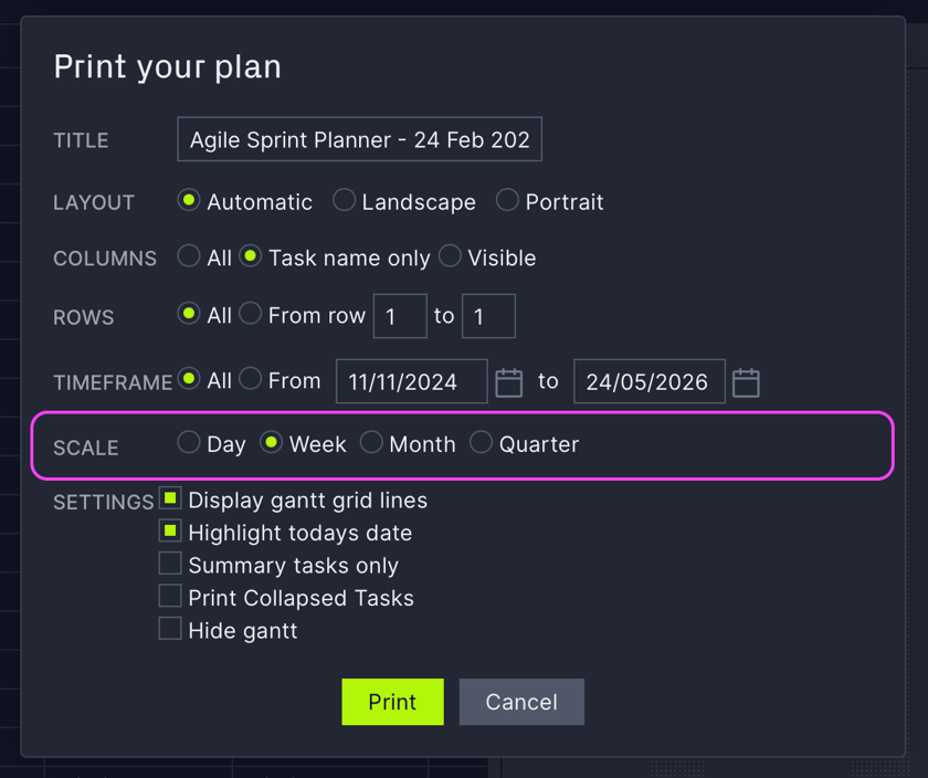 Release 151, Gantt Print Time Scale